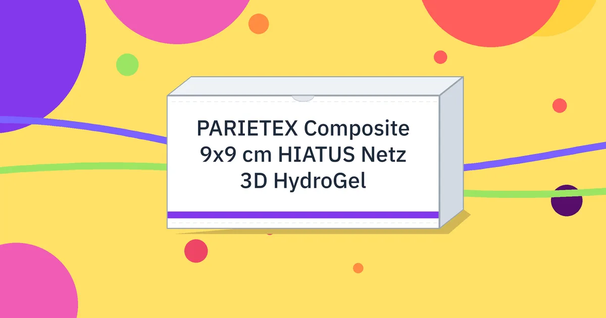 Symbolbild: Packung mit der Aufschrift PARIETEX Composite 9x9 cm HIATUS Netz 3D HydroGel (PZN 00462485) – Verfügbarkeit und Bezug in Apotheken in Frankfurt am Main