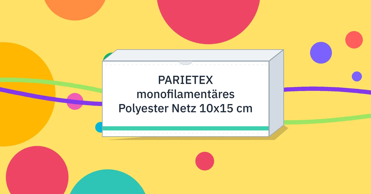 Symbolbild: Packung mit der Aufschrift PARIETEX monofilamentäres Polyester Netz 10x15 cm (PZN 07602877) – Verfügbarkeit und Bezug in Apotheken in Frankfurt am Main