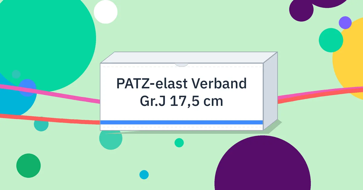 Symbolbild: Packung mit der Aufschrift PATZ-elast Verband Gr.J 17,5 cm (PZN 06815252) – Verfügbarkeit und Bezug in Apotheken in Frankfurt am Main