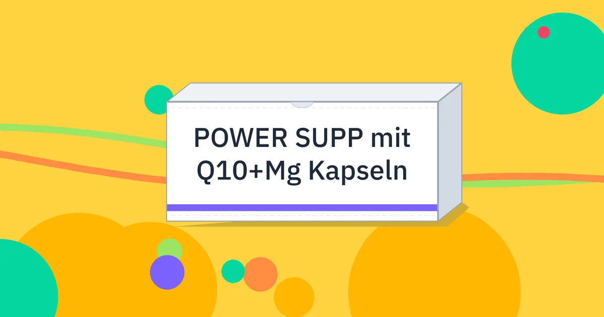 Symbolbild: Packung mit der Aufschrift POWER SUPP mit Q10+Mg Kapseln (PZN 19956712) – Verfügbarkeit und Bezug in Apotheken in Frankfurt am Main