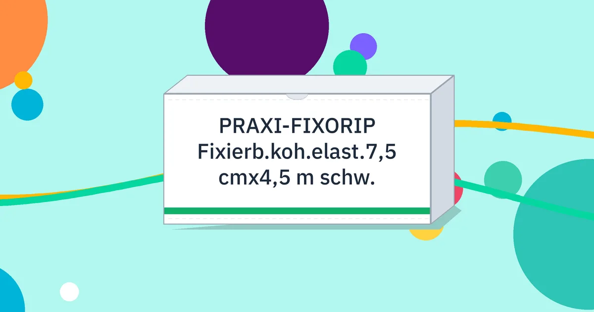 Symbolbild: Packung mit der Aufschrift PRAXI-FIXORIP Fixierb.koh.elast.7,5 cmx4,5 m schw. (PZN 17490178) – Verfügbarkeit und Bezug in Apotheken in Frankfurt am Main