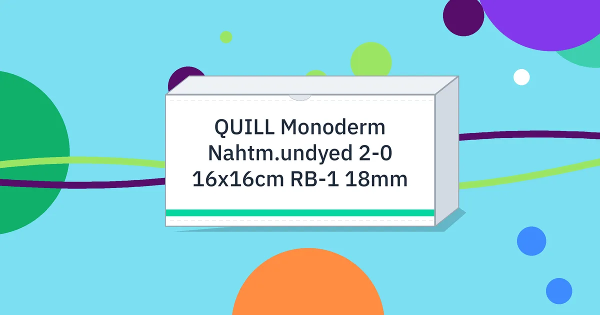 Symbolbild: Packung mit der Aufschrift QUILL Monoderm Nahtm.undyed 2-0 16x16cm RB-1 18mm (PZN 17988458) – Verfügbarkeit und Bezug in Apotheken in Frankfurt am Main