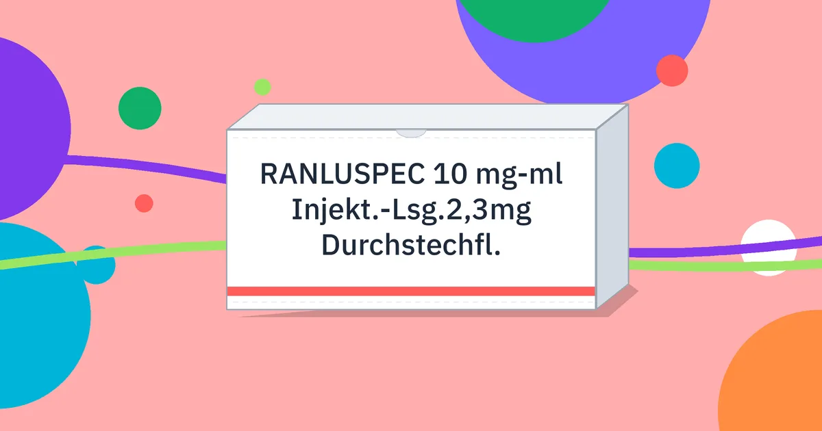 Symbolbild: Packung mit der Aufschrift RANLUSPEC 10 mg-ml Injekt.-Lsg.2,3mg Durchstechfl. (PZN 20418032) – Verfügbarkeit und Bezug in Apotheken in Frankfurt am Main