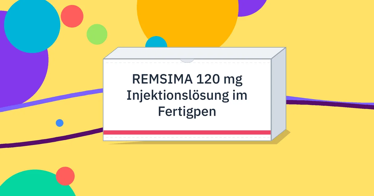 Symbolbild: Packung mit der Aufschrift REMSIMA 120 mg Injektionslösung im Fertigpen (PZN 19058628) – Verfügbarkeit und Bezug in Apotheken in Frankfurt am Main