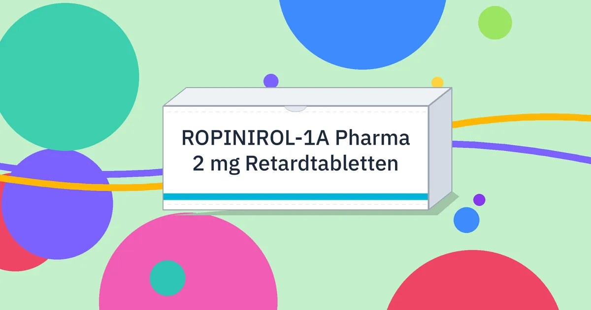Symbolbild: Packung mit der Aufschrift ROPINIROL-1A Pharma 2 mg Retardtabletten (PZN 20275012) – Verfügbarkeit und Bezug in Apotheken in Frankfurt am Main