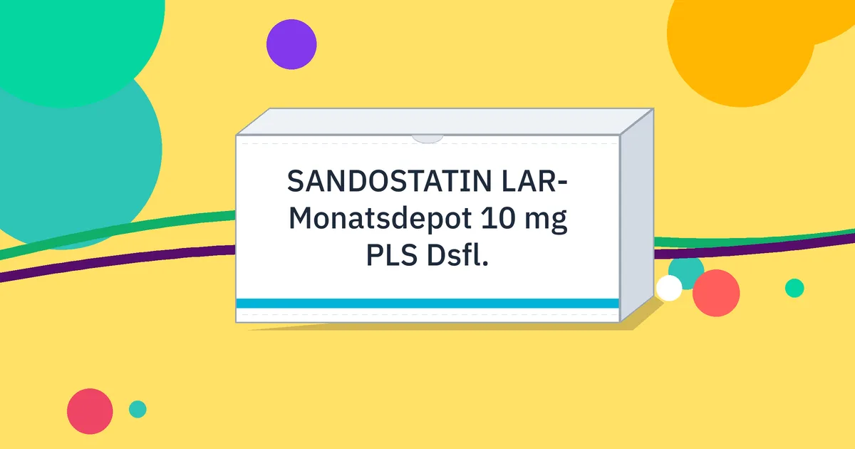 Symbolbild: Packung mit der Aufschrift SANDOSTATIN LAR-Monatsdepot 10 mg PLS Dsfl. (PZN 17184843) – Verfügbarkeit und Bezug in Apotheken in Frankfurt am Main
