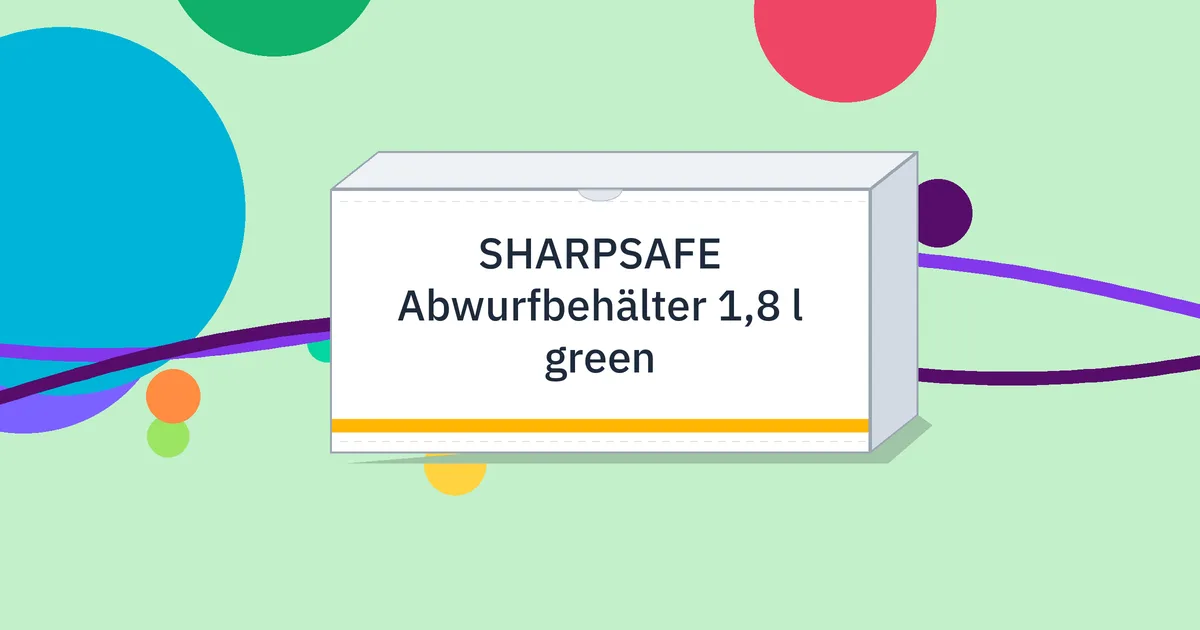 Symbolbild: Packung mit der Aufschrift SHARPSAFE Abwurfbehälter 1,8 l green (PZN 18448273) – Verfügbarkeit und Bezug in Apotheken in Frankfurt am Main