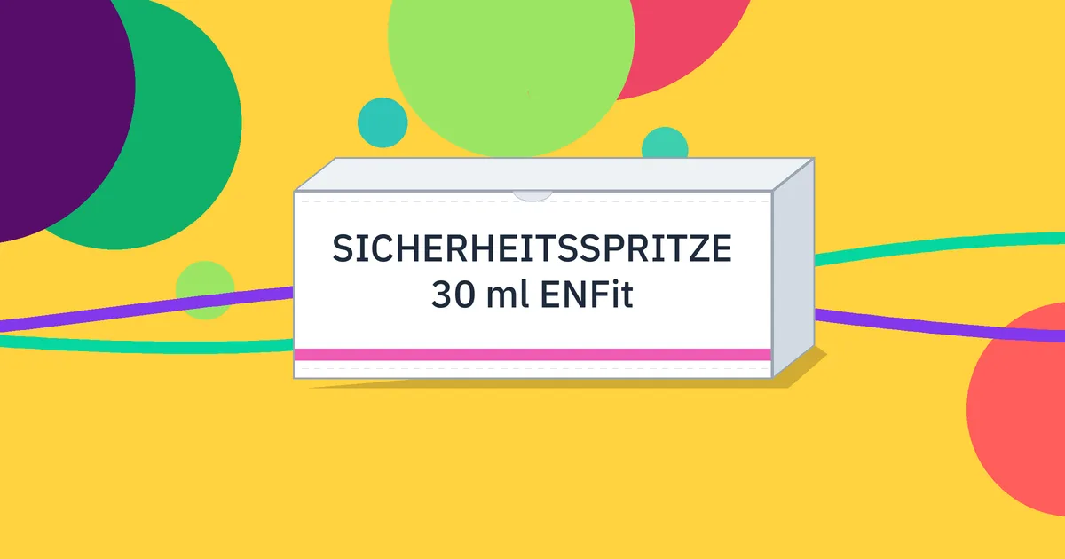 Symbolbild: Packung mit der Aufschrift SICHERHEITSSPRITZE 30 ml ENFit (PZN 19526986) – Verfügbarkeit und Bezug in Apotheken in Frankfurt am Main