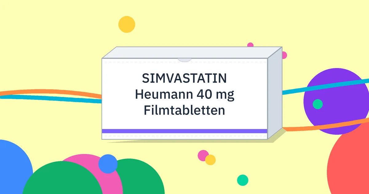 Symbolbild: Packung mit der Aufschrift SIMVASTATIN Heumann 40 mg Filmtabletten (PZN 02765391) – Verfügbarkeit und Bezug in Apotheken in Frankfurt am Main