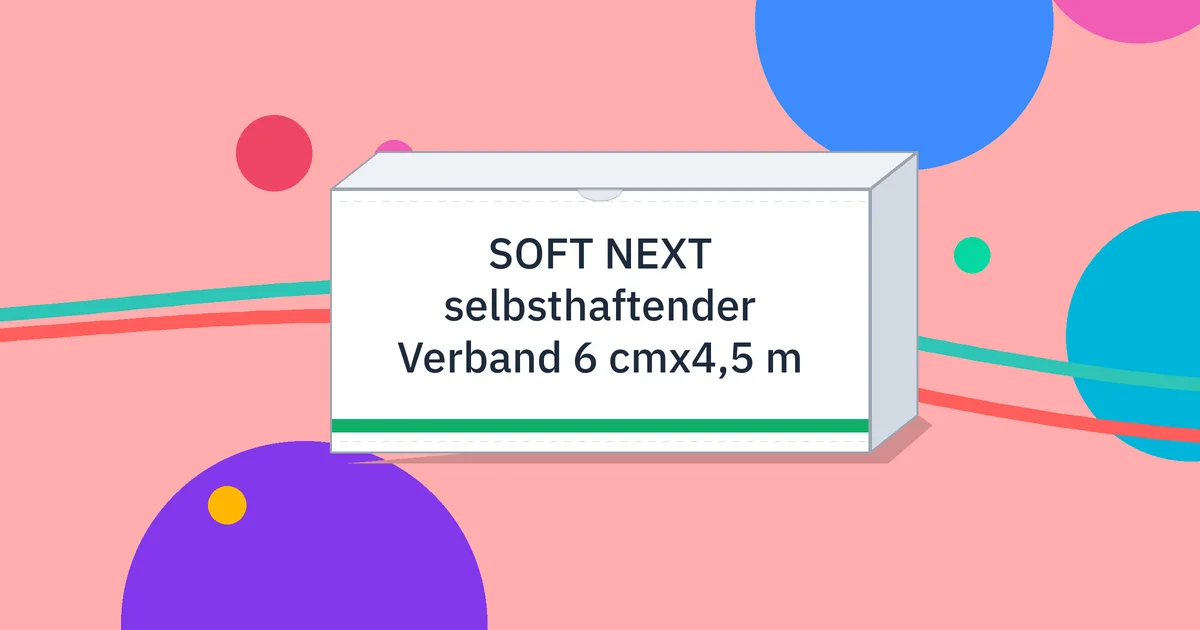 Symbolbild: Packung mit der Aufschrift SOFT NEXT selbsthaftender Verband 6 cmx4,5 m (PZN 12451966) – Verfügbarkeit und Bezug in Apotheken in Frankfurt am Main