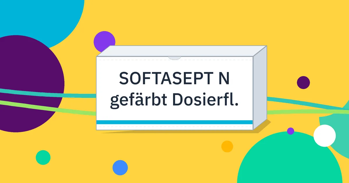 Symbolbild: Packung mit der Aufschrift SOFTASEPT N gefärbt Dosierfl. (PZN 07620119) – Verfügbarkeit und Bezug in Apotheken in Frankfurt am Main