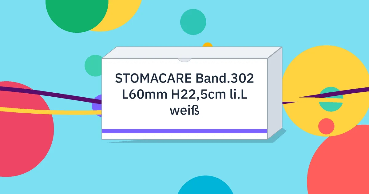 Symbolbild: Packung mit der Aufschrift STOMACARE Band.302 L60mm H22,5cm li.L weiß (PZN 03414015) – Verfügbarkeit und Bezug in Apotheken in Frankfurt am Main