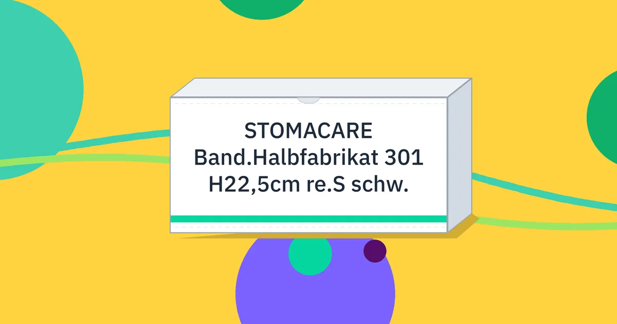 Symbolbild: Packung mit der Aufschrift STOMACARE Band.Halbfabrikat 301 H22,5cm re.S schw. (PZN 09436673) – Verfügbarkeit und Bezug in Apotheken in Frankfurt am Main
