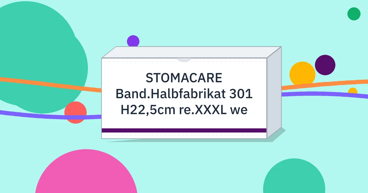 Symbolbild: Packung mit der Aufschrift STOMACARE Band.Halbfabrikat 301 H22,5cm re.XXXL we (PZN 01053441) – Verfügbarkeit und Bezug in Apotheken in Frankfurt am Main