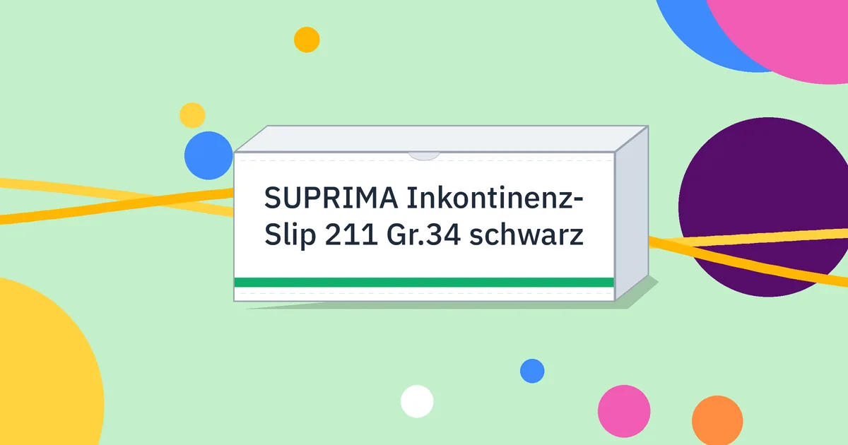 Symbolbild: Packung mit der Aufschrift SUPRIMA Inkontinenz-Slip 211 Gr.34 schwarz (PZN 00709052) – Verfügbarkeit und Bezug in Apotheken in Frankfurt am Main
