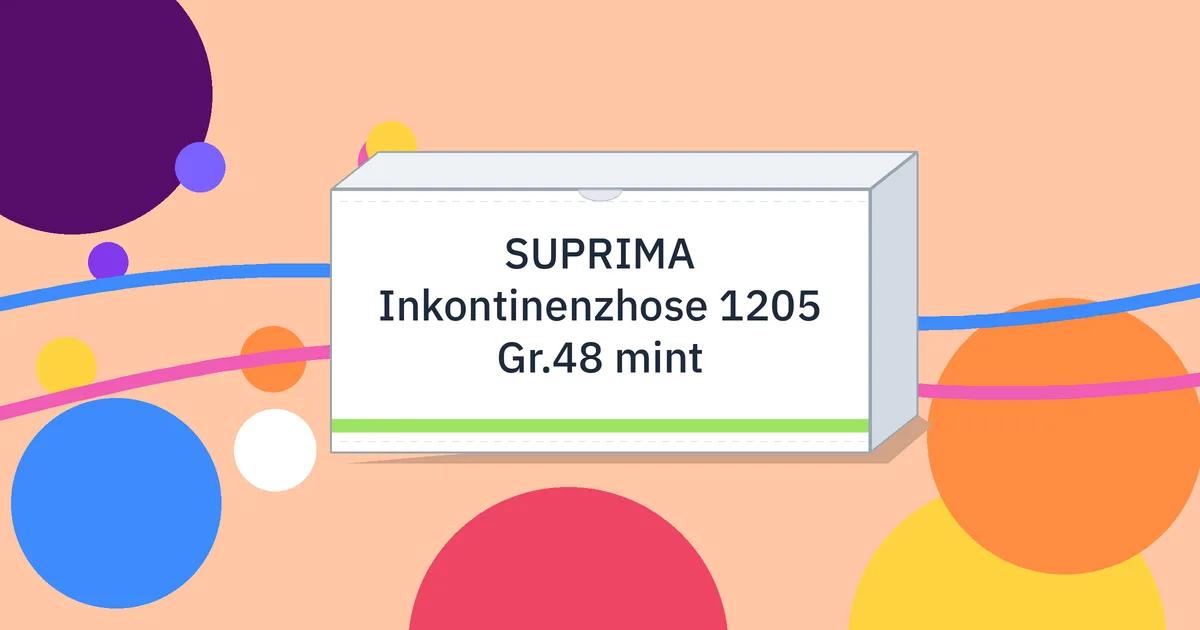 Symbolbild: Packung mit der Aufschrift SUPRIMA Inkontinenzhose 1205 Gr.48 mint (PZN 07631488) – Verfügbarkeit und Bezug in Apotheken in Frankfurt am Main