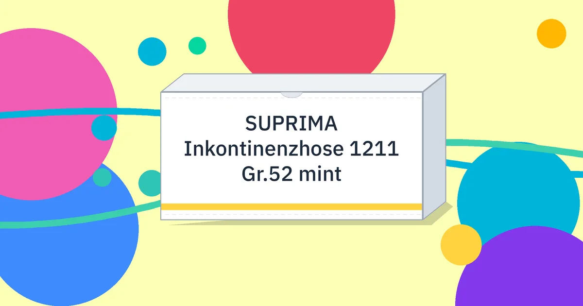 Symbolbild: Packung mit der Aufschrift SUPRIMA Inkontinenzhose 1211 Gr.52 mint (PZN 07632973) – Verfügbarkeit und Bezug in Apotheken in Frankfurt am Main