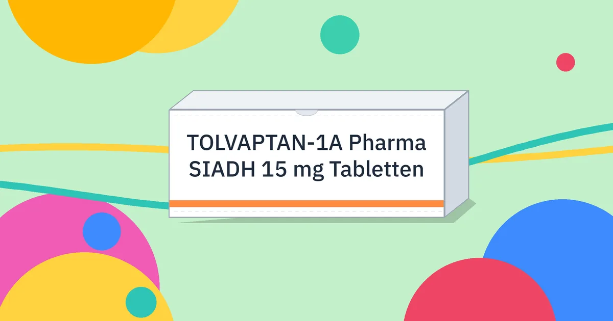 Symbolbild: Packung mit der Aufschrift TOLVAPTAN-1A Pharma SIADH 15 mg Tabletten (PZN 19100856) – Verfügbarkeit und Bezug in Apotheken in Frankfurt am Main