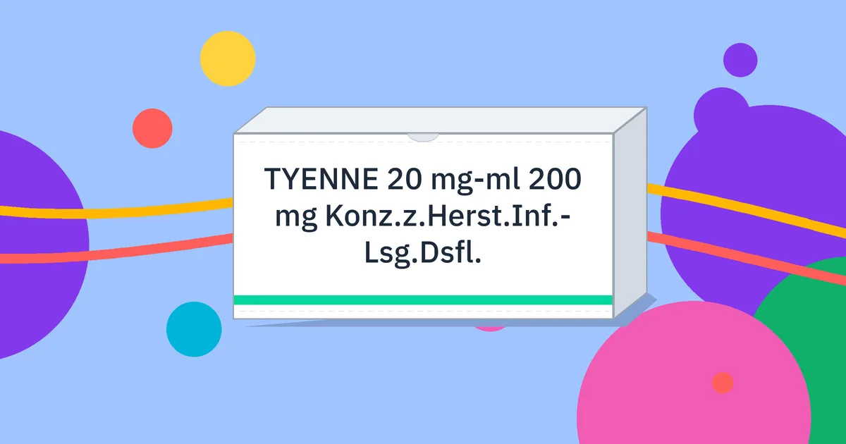 Symbolbild: Packung mit der Aufschrift TYENNE 20 mg-ml 200 mg Konz.z.Herst.Inf.-Lsg.Dsfl. (PZN 18817581) – Verfügbarkeit und Bezug in Apotheken in Frankfurt am Main