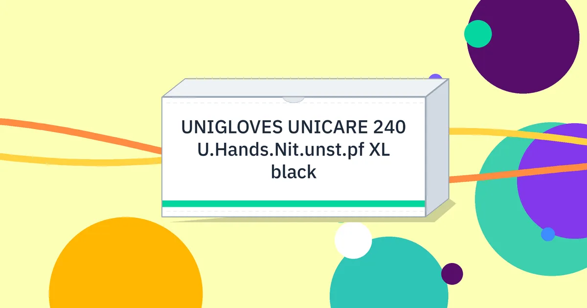 Symbolbild: Packung mit der Aufschrift UNIGLOVES UNICARE 240 U.Hands.Nit.unst.pf XL black (PZN 19537530) – Verfügbarkeit und Bezug in Apotheken in Frankfurt am Main