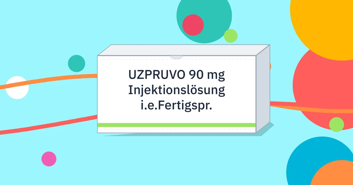 Symbolbild: Packung mit der Aufschrift UZPRUVO 90 mg Injektionslösung i.e.Fertigspr. (PZN 19740082) – Verfügbarkeit und Bezug in Apotheken in Frankfurt am Main