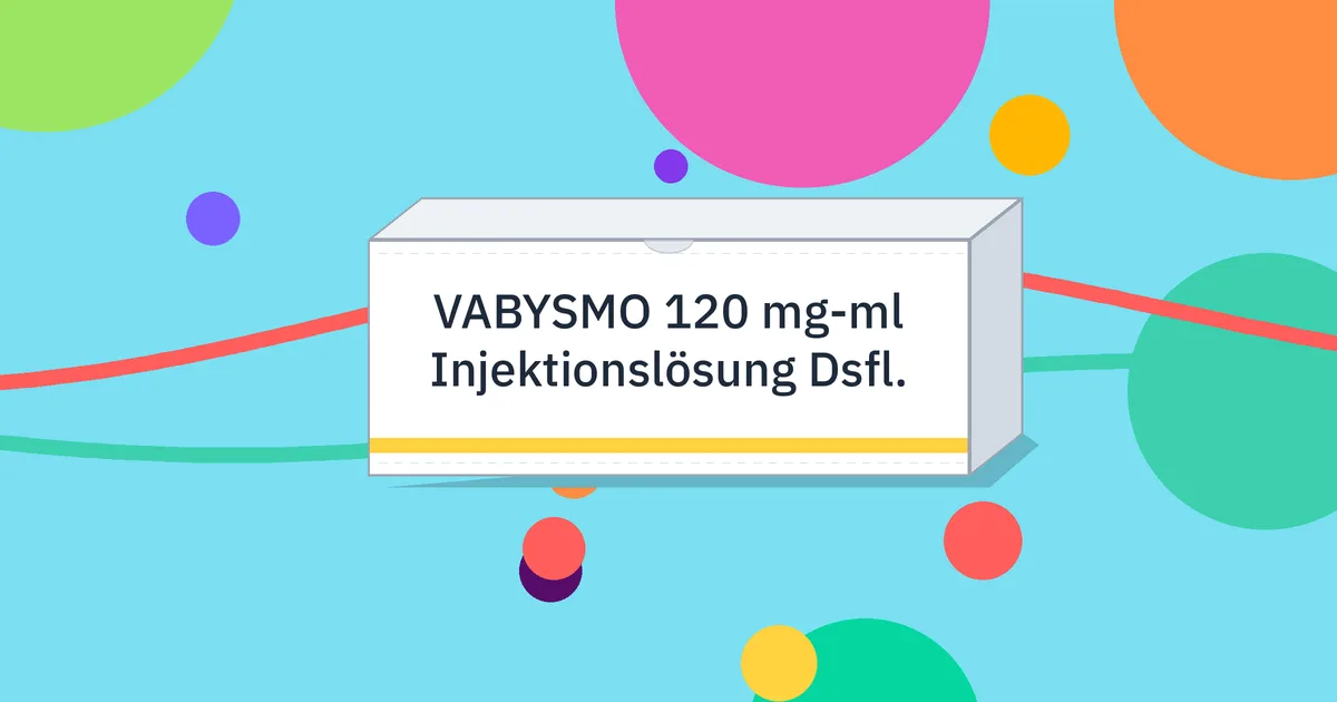 Symbolbild: Packung mit der Aufschrift VABYSMO 120 mg-ml Injektionslösung Dsfl. (PZN 19270481) – Verfügbarkeit und Bezug in Apotheken in Frankfurt am Main
