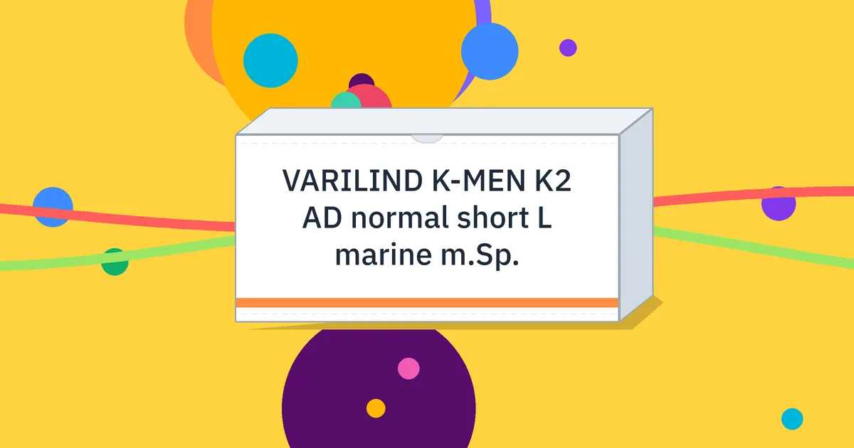 Symbolbild: Packung mit der Aufschrift VARILIND K-MEN K2 AD normal short L marine m.Sp. (PZN 20569328) – Verfügbarkeit und Bezug in Apotheken in Frankfurt am Main