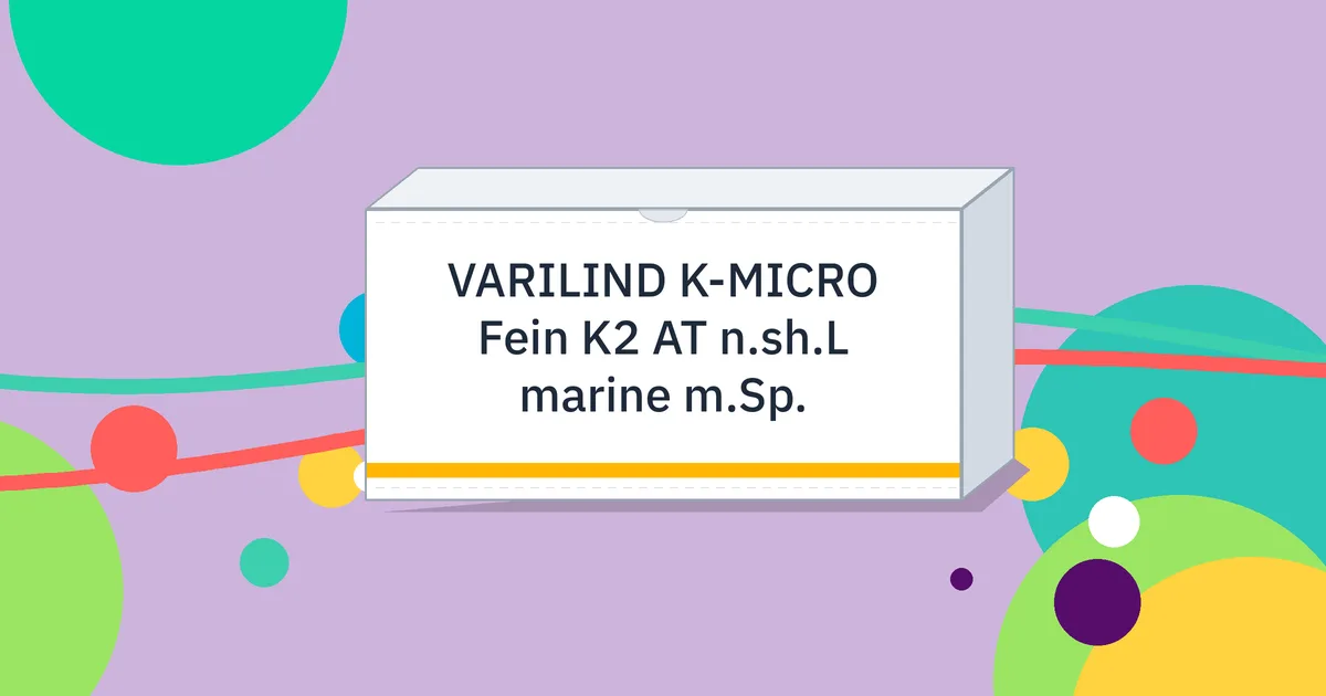 Symbolbild: Packung mit der Aufschrift VARILIND K-MICRO Fein K2 AT n.sh.L marine m.Sp. (PZN 20553310) – Verfügbarkeit und Bezug in Apotheken in Frankfurt am Main