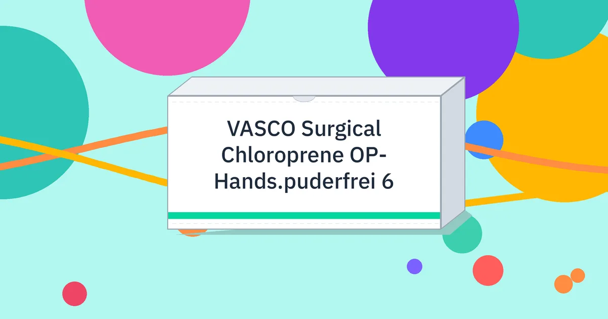 Symbolbild: Packung mit der Aufschrift VASCO Surgical Chloroprene OP-Hands.puderfrei 6 (PZN 11596438) – Verfügbarkeit und Bezug in Apotheken in Frankfurt am Main