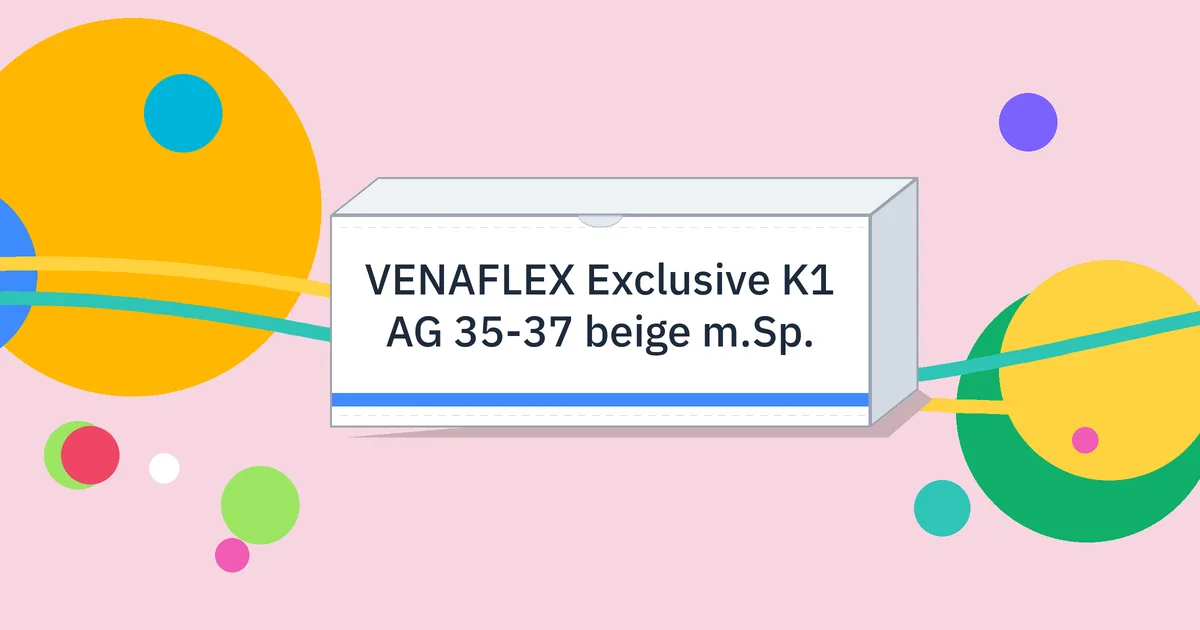 Symbolbild: Packung mit der Aufschrift VENAFLEX Exclusive K1 AG 35-37 beige m.Sp. (PZN 18309100) – Verfügbarkeit und Bezug in Apotheken in Frankfurt am Main
