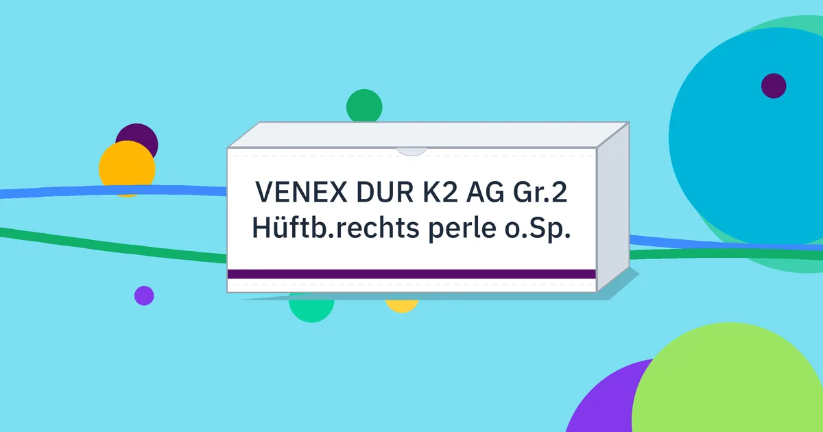 Symbolbild: Packung mit der Aufschrift VENEX DUR K2 AG Gr.2 Hüftb.rechts perle o.Sp. (PZN 03231473) – Verfügbarkeit und Bezug in Apotheken in Frankfurt am Main