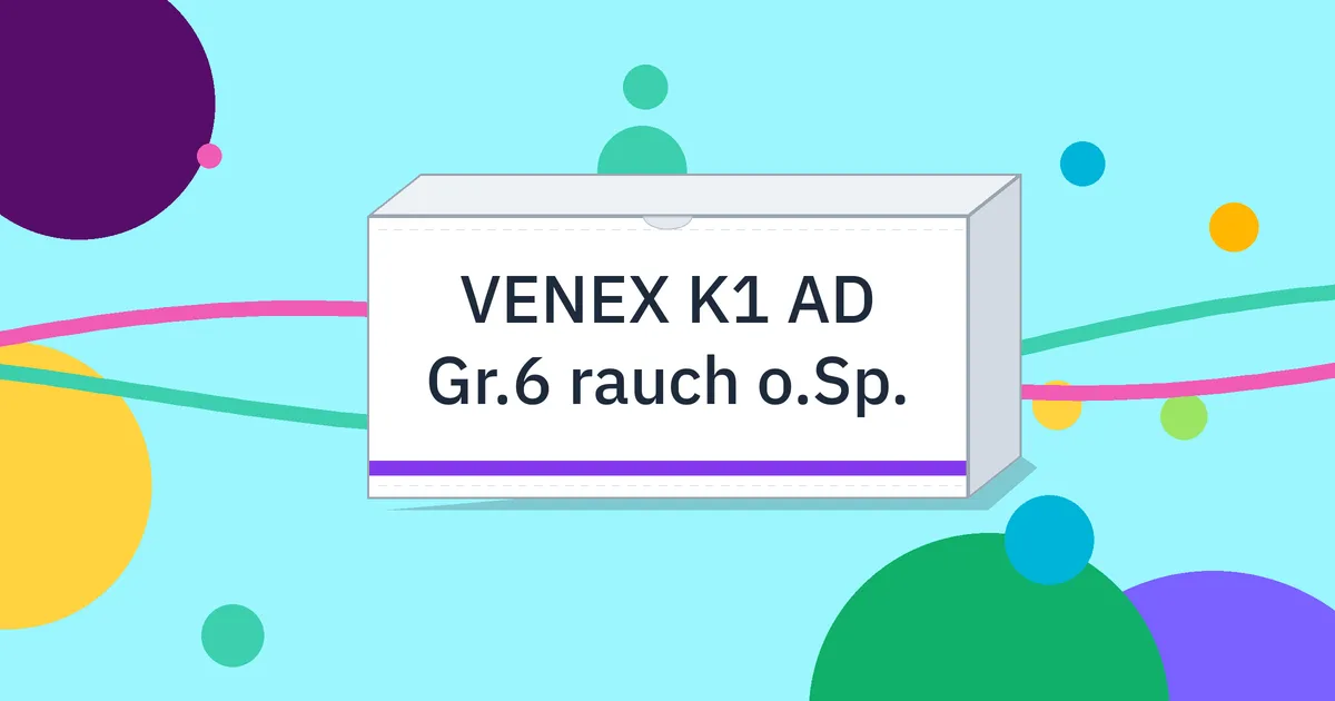 Symbolbild: Packung mit der Aufschrift VENEX K1 AD Gr.6 rauch o.Sp. (PZN 03184928) – Verfügbarkeit und Bezug in Apotheken in Frankfurt am Main