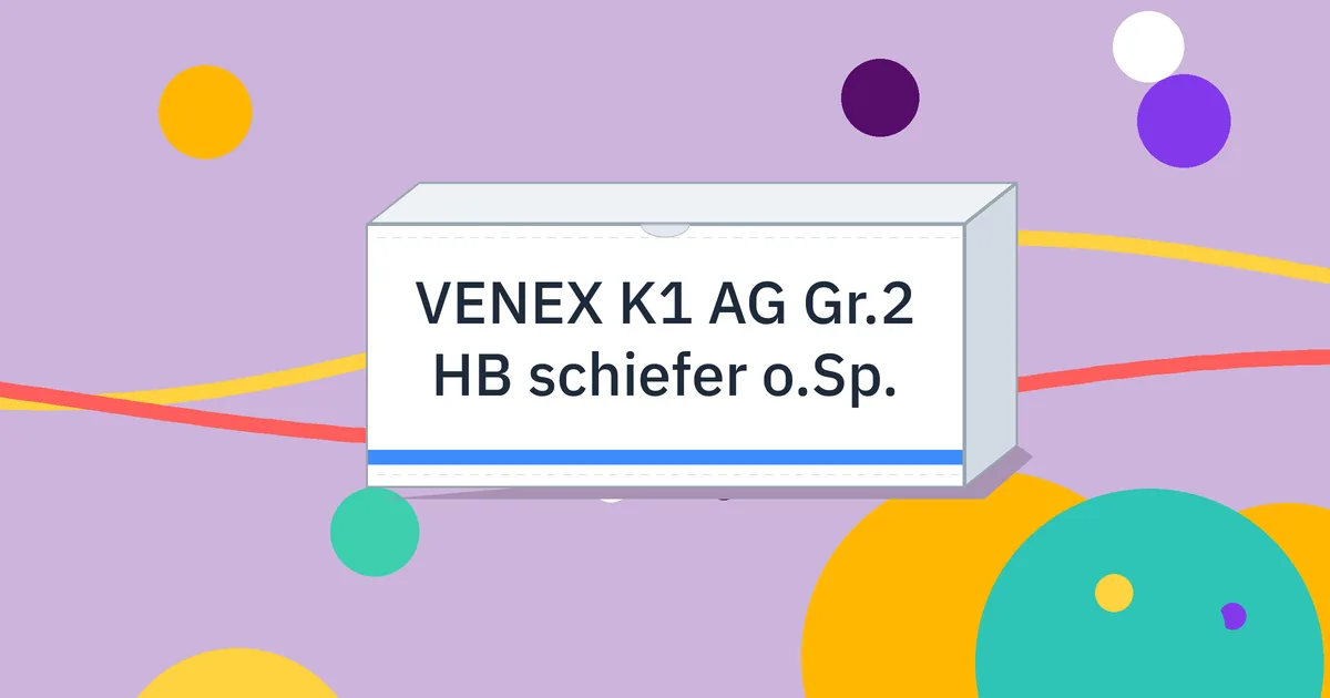 Symbolbild: Packung mit der Aufschrift VENEX K1 AG Gr.2 HB schiefer o.Sp. (PZN 03193956) – Verfügbarkeit und Bezug in Apotheken in Frankfurt am Main