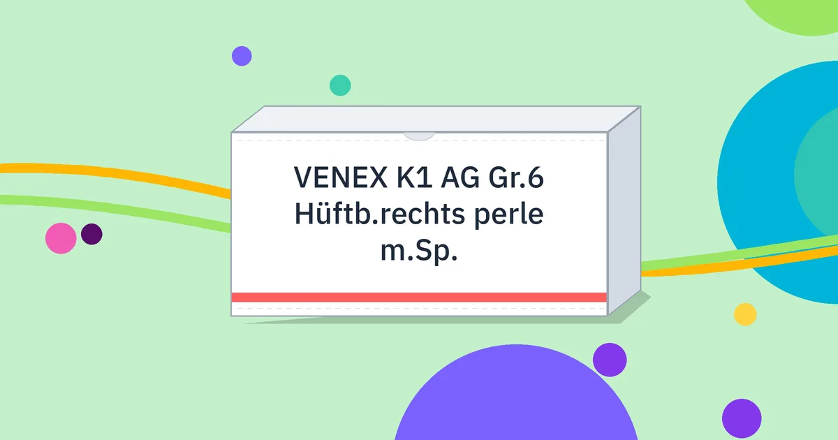 Symbolbild: Packung mit der Aufschrift VENEX K1 AG Gr.6 Hüftb.rechts perle m.Sp. (PZN 03202514) – Verfügbarkeit und Bezug in Apotheken in Frankfurt am Main