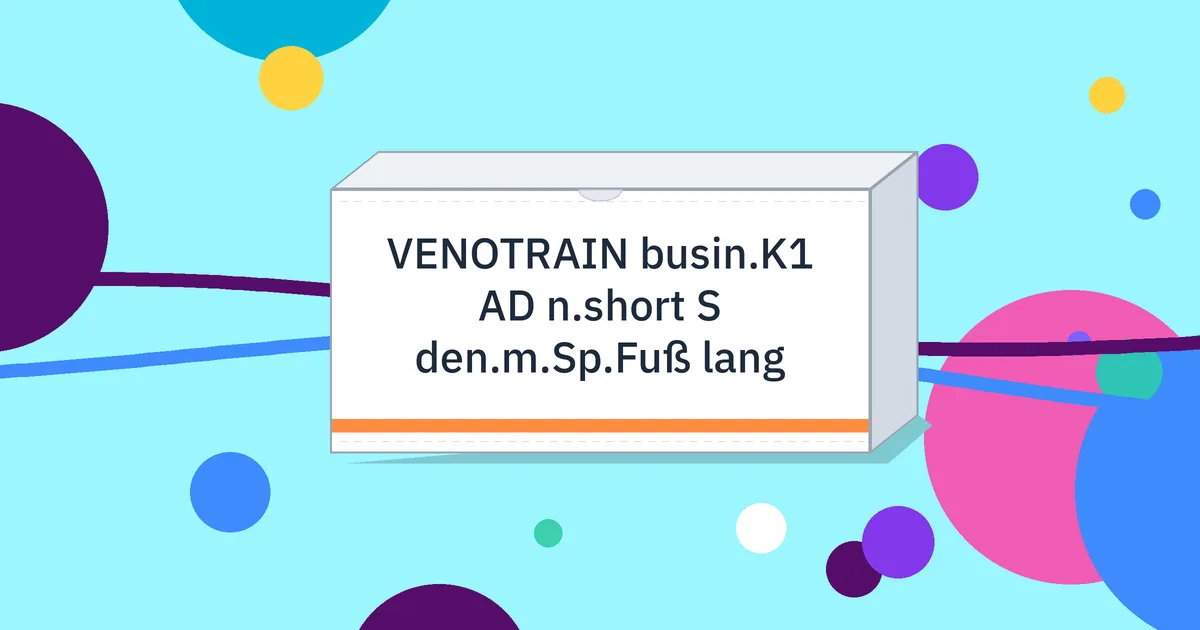 Symbolbild: Packung mit der Aufschrift VENOTRAIN busin.K1 AD n.short S den.m.Sp.Fuß lang (PZN 19056575) – Verfügbarkeit und Bezug in Apotheken in Frankfurt am Main