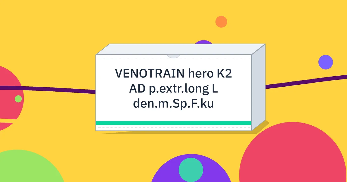 Symbolbild: Packung mit der Aufschrift VENOTRAIN hero K2 AD p.extr.long L den.m.Sp.F.ku (PZN 19190960) – Verfügbarkeit und Bezug in Apotheken in Frankfurt am Main