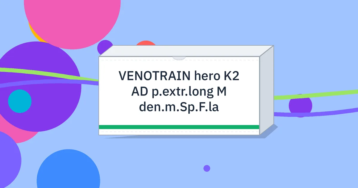 Symbolbild: Packung mit der Aufschrift VENOTRAIN hero K2 AD p.extr.long M den.m.Sp.F.la (PZN 19191267) – Verfügbarkeit und Bezug in Apotheken in Frankfurt am Main