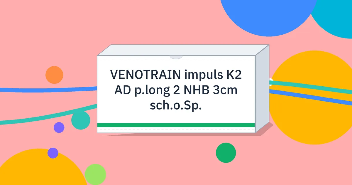 Symbolbild: Packung mit der Aufschrift VENOTRAIN impuls K2 AD p.long 2 NHB 3cm sch.o.Sp. (PZN 00656806) – Verfügbarkeit und Bezug in Apotheken in Frankfurt am Main