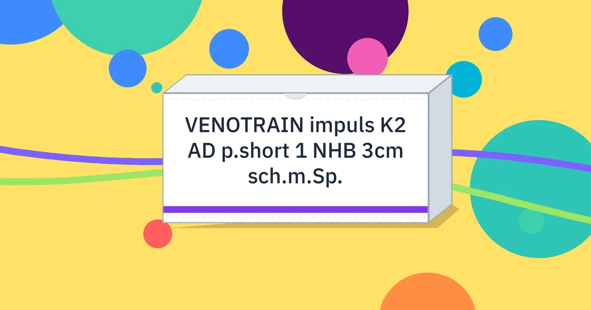 Symbolbild: Packung mit der Aufschrift VENOTRAIN impuls K2 AD p.short 1 NHB 3cm sch.m.Sp. (PZN 00651571) – Verfügbarkeit und Bezug in Apotheken in Frankfurt am Main