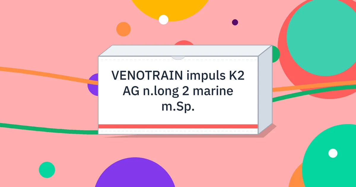 Symbolbild: Packung mit der Aufschrift VENOTRAIN impuls K2 AG n.long 2 marine m.Sp. (PZN 15211731) – Verfügbarkeit und Bezug in Apotheken in Frankfurt am Main