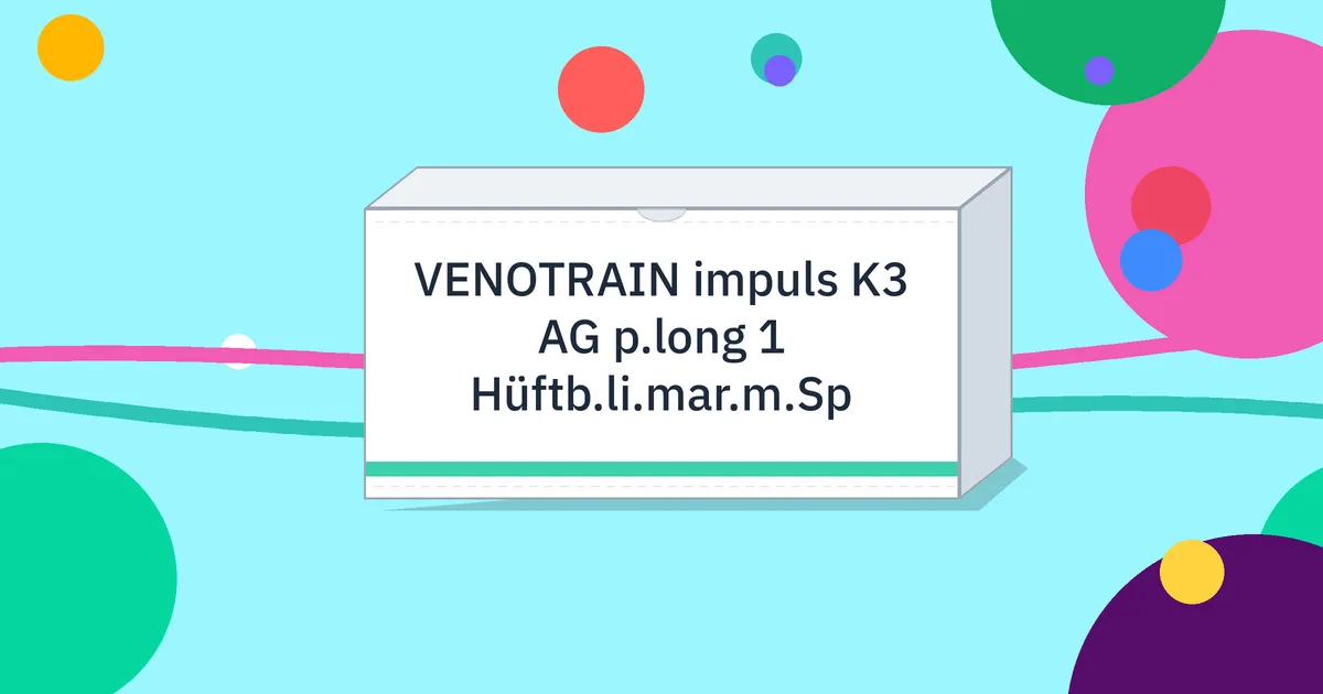 Symbolbild: Packung mit der Aufschrift VENOTRAIN impuls K3 AG p.long 1 Hüftb.li.mar.m.Sp (PZN 15220115) – Verfügbarkeit und Bezug in Apotheken in Frankfurt am Main