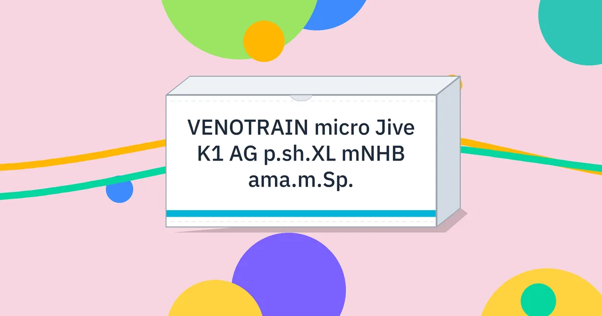 Symbolbild: Packung mit der Aufschrift VENOTRAIN micro Jive K1 AG p.sh.XL mNHB ama.m.Sp. (PZN 17759551) – Verfügbarkeit und Bezug in Apotheken in Frankfurt am Main