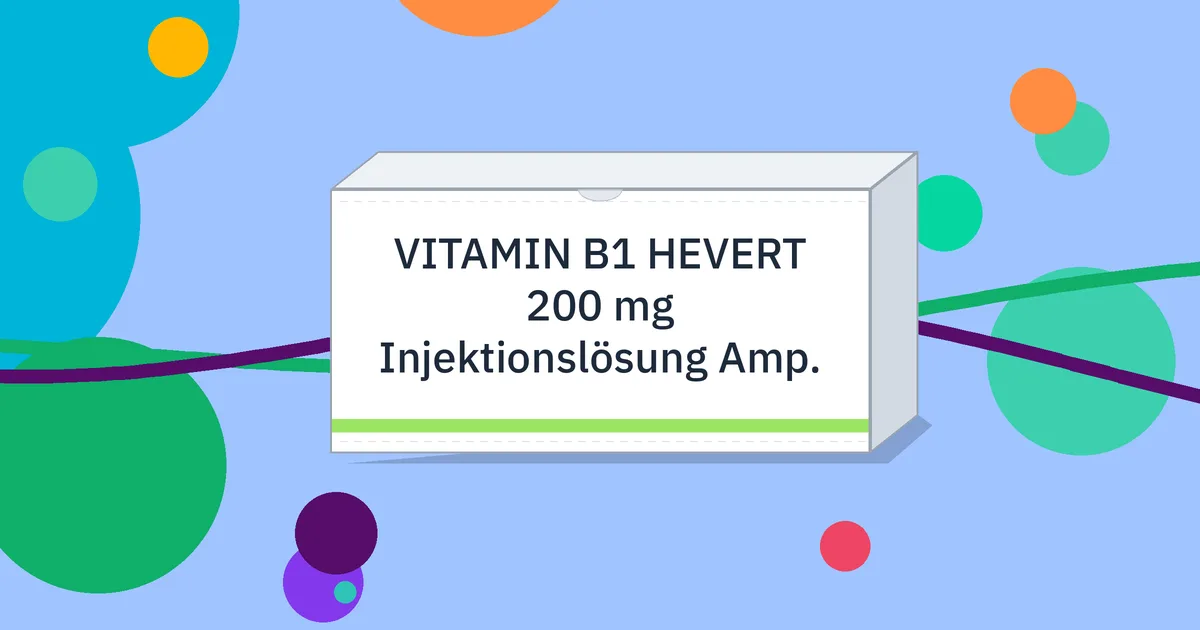 Symbolbild: Packung mit der Aufschrift VITAMIN B1 HEVERT 200 mg Injektionslösung Amp. (PZN 19831583) – Verfügbarkeit und Bezug in Apotheken in Frankfurt am Main