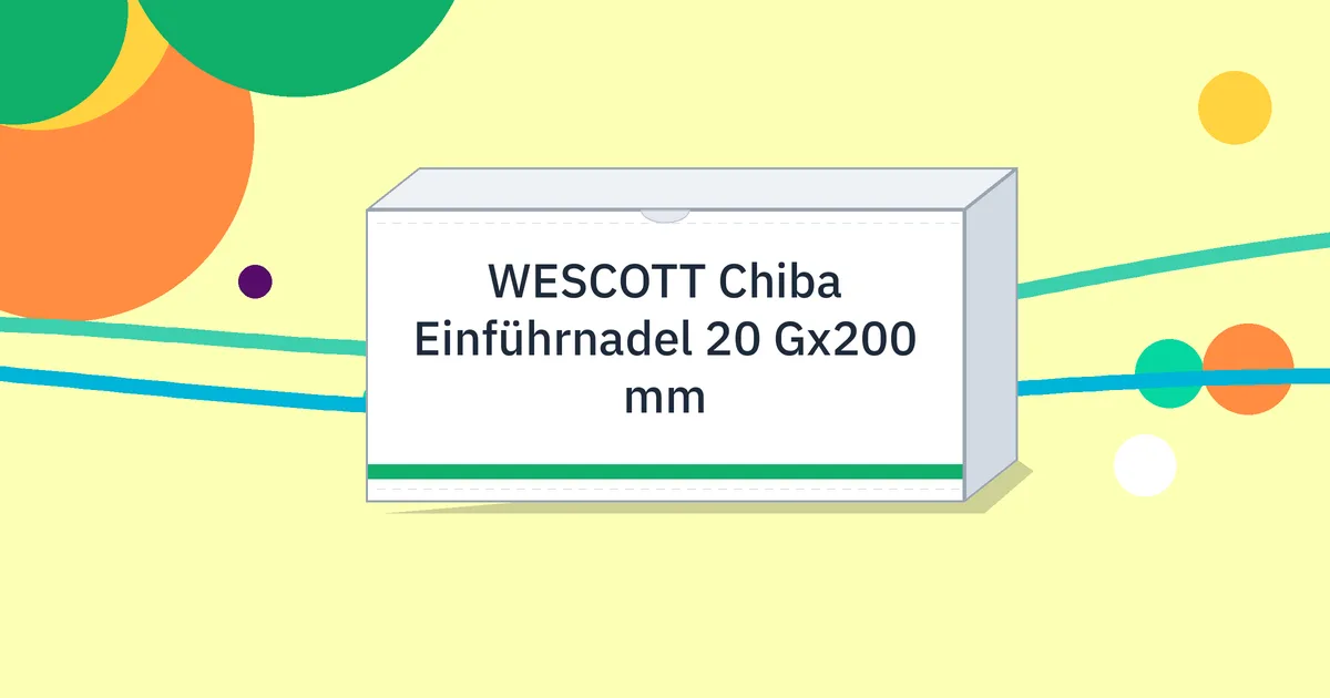 Symbolbild: Packung mit der Aufschrift WESCOTT Chiba Einführnadel 20 Gx200 mm (PZN 16920671) – Verfügbarkeit und Bezug in Apotheken in Frankfurt am Main