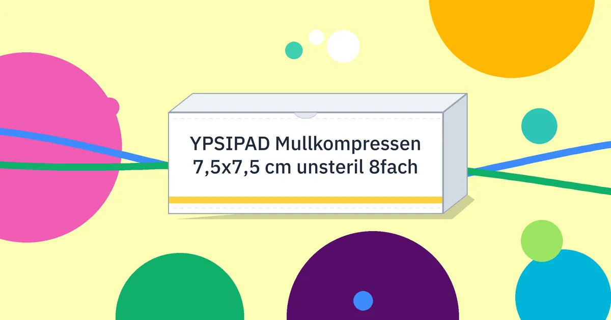 Symbolbild: Packung mit der Aufschrift YPSIPAD Mullkompressen 7,5x7,5 cm unsteril 8fach (PZN 12604246) – Verfügbarkeit und Bezug in Apotheken in Frankfurt am Main