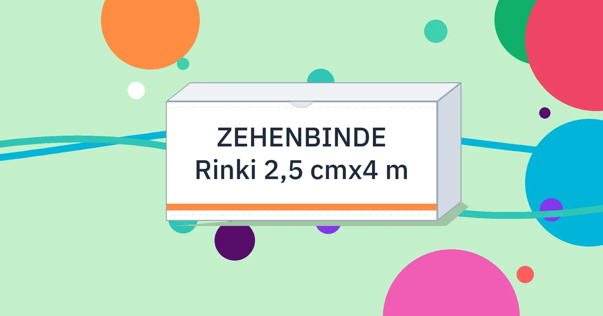 Symbolbild: Packung mit der Aufschrift ZEHENBINDE Rinki 2,5 cmx4 m (PZN 16823548) – Verfügbarkeit und Bezug in Apotheken in Frankfurt am Main