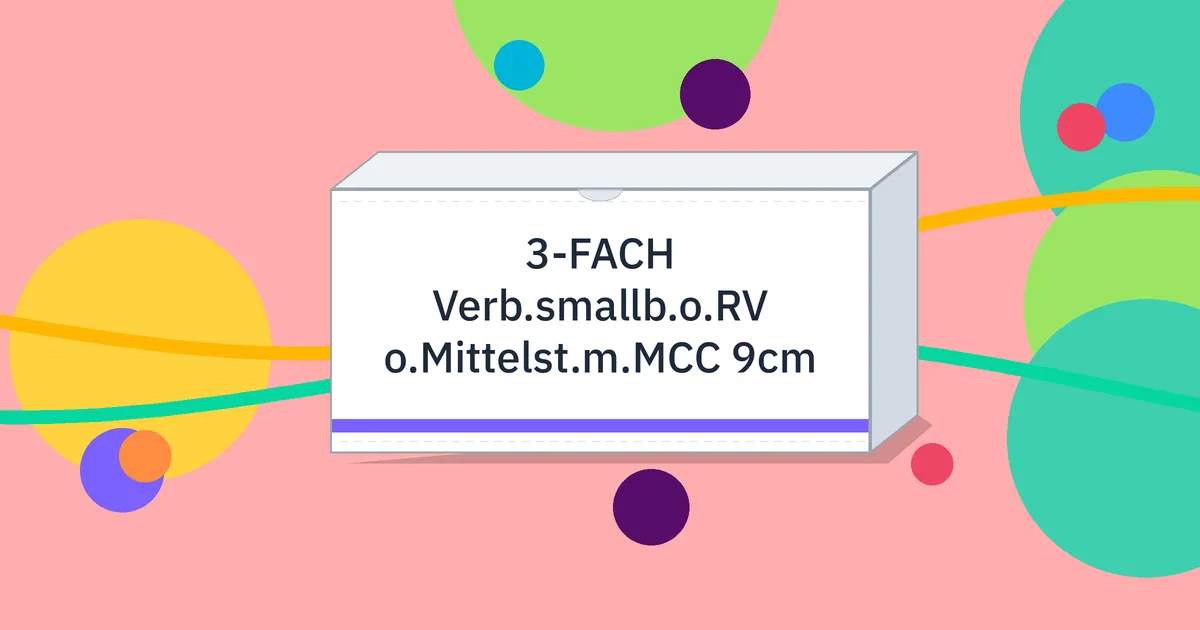Symbolbild: Packung mit der Aufschrift 3-FACH Verb.smallb.o.RV o.Mittelst.m.MCC 9cm (PZN 18499419) – Verfügbarkeit und Bezug in Apotheken in Frankfurt am Main