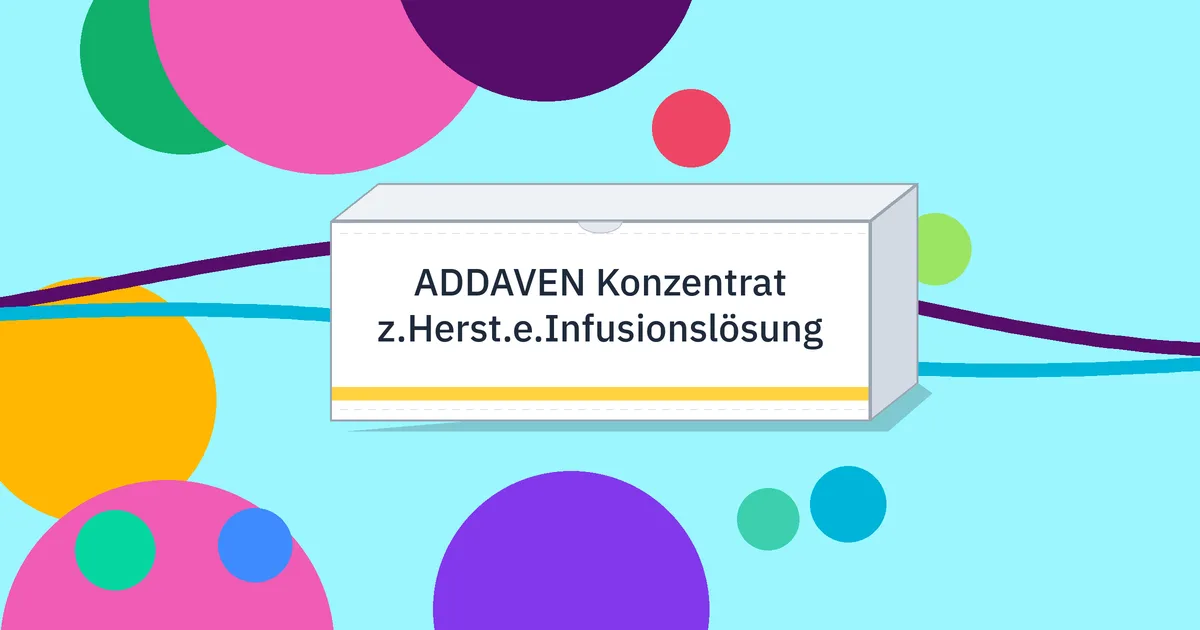 Symbolbild: Packung mit der Aufschrift ADDAVEN Konzentrat z.Herst.e.Infusionslösung (PZN 15561974) – Verfügbarkeit und Bezug in Apotheken in Frankfurt am Main