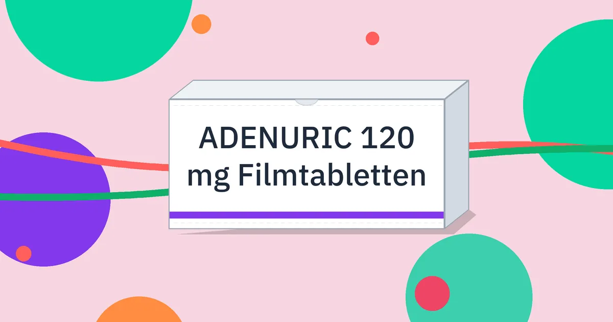 Symbolbild: Packung mit der Aufschrift ADENURIC 120 mg Filmtabletten (PZN 05455142) – Verfügbarkeit und Bezug in Apotheken in Frankfurt am Main