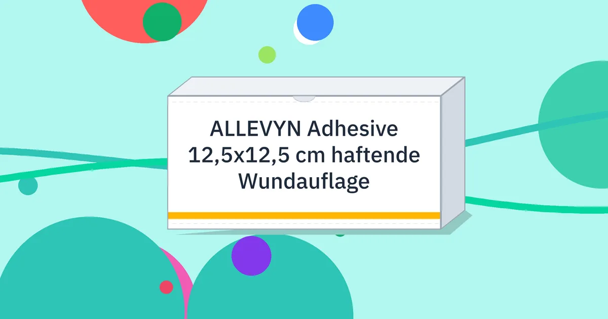 Symbolbild: Packung mit der Aufschrift ALLEVYN Adhesive 12,5x12,5 cm haftende Wundauflage (PZN 05868714) – Verfügbarkeit und Bezug in Apotheken in Frankfurt am Main